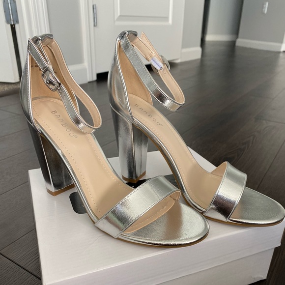 BAMBOO | Shoes | Metallic Silver Block Heel Sandals With Ankle Strap ...